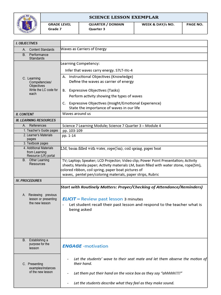 7Es-Lesson-waves COT1 | Download Free PDF | Waves | Learning