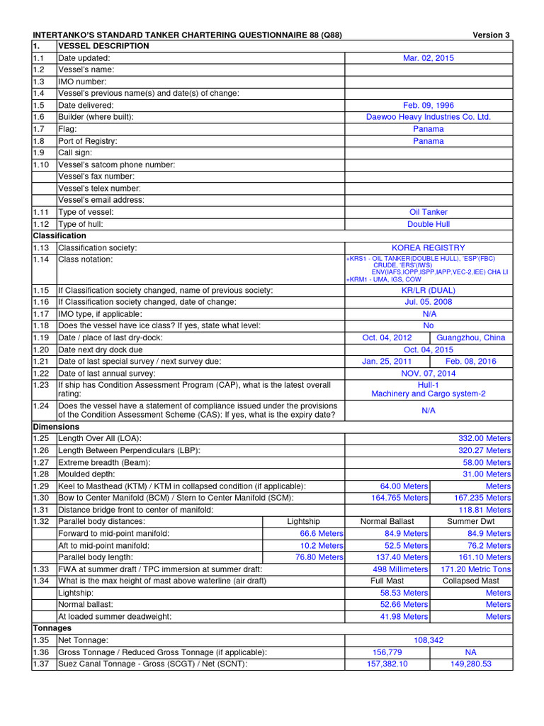 VLCC STORAGE TANKER Q88 Ver 3 23032015 3 | PDF | Tonnage | Ships