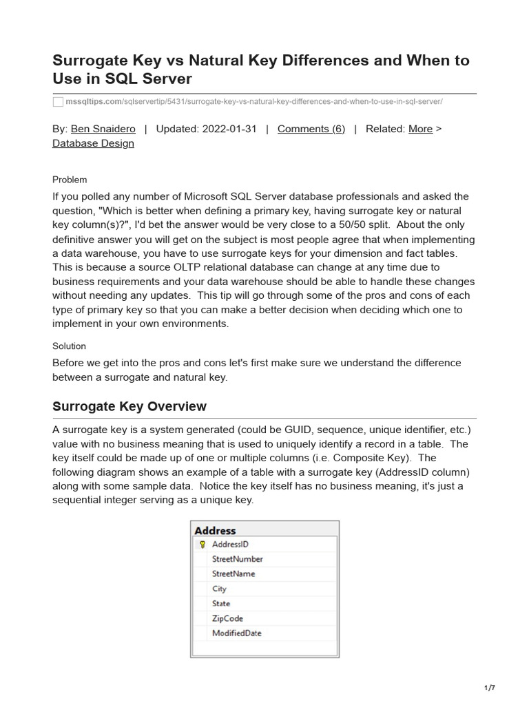 mssqltips.com-Surrogate Key vs Natural Key Differences and When to Use ... mssqltips.com-Surrogate Key vs Natural Key Differences and When to Use ...