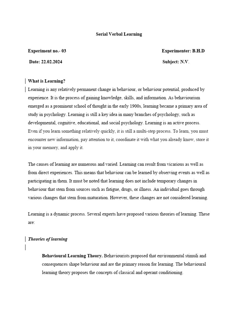 Serial Verbal Learning | PDF | Memory | Classical Conditioning
