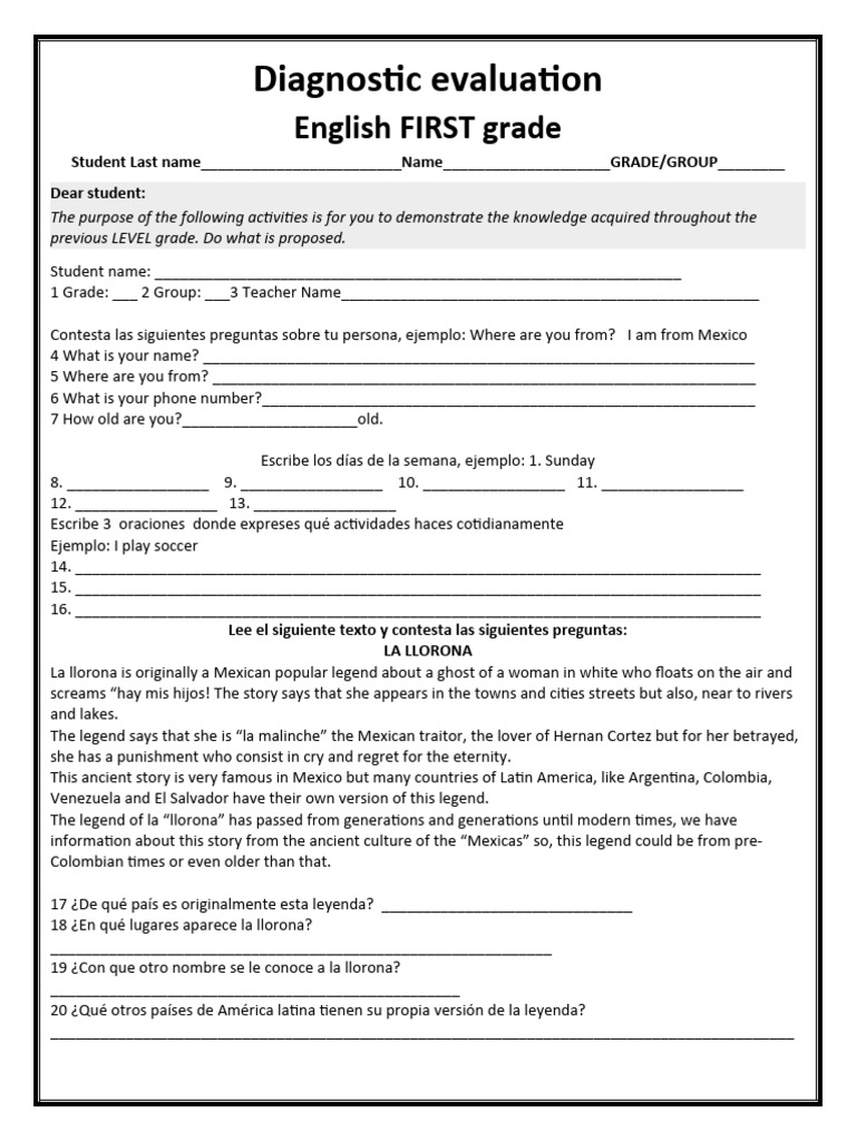 First Grade Diagnostic Evaluation Guide | PDF | Spanish Language Music