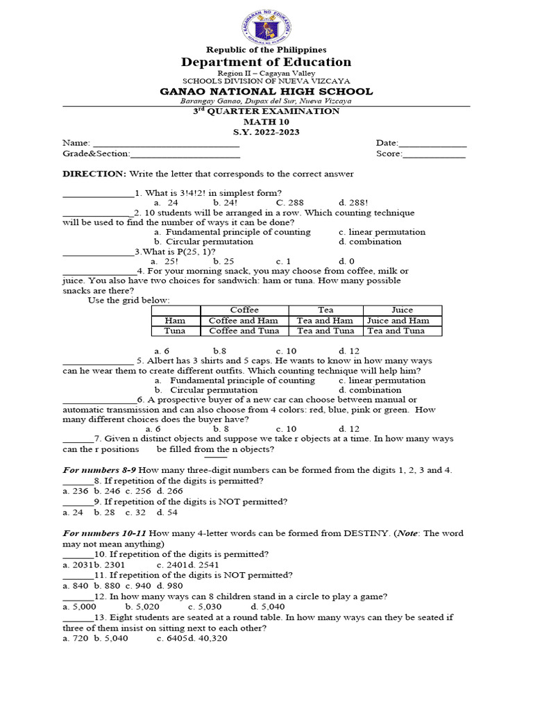Grade-10-Math-2024 3rd Quarter Exam | PDF | Permutation | Mathematics