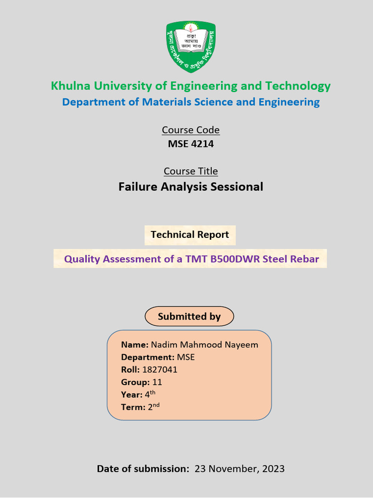 Lab 3 - Report On Quality Assessment of A TMT B500DWR Steel Rebar | PDF ...