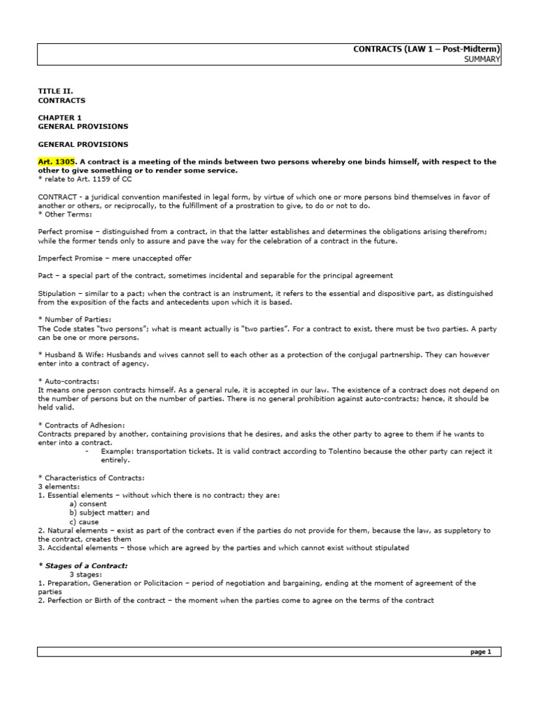 CONTRACTS (LAW 1 - Post-Midterm) : Stages of A Contract | PDF | Offer And Acceptance ...