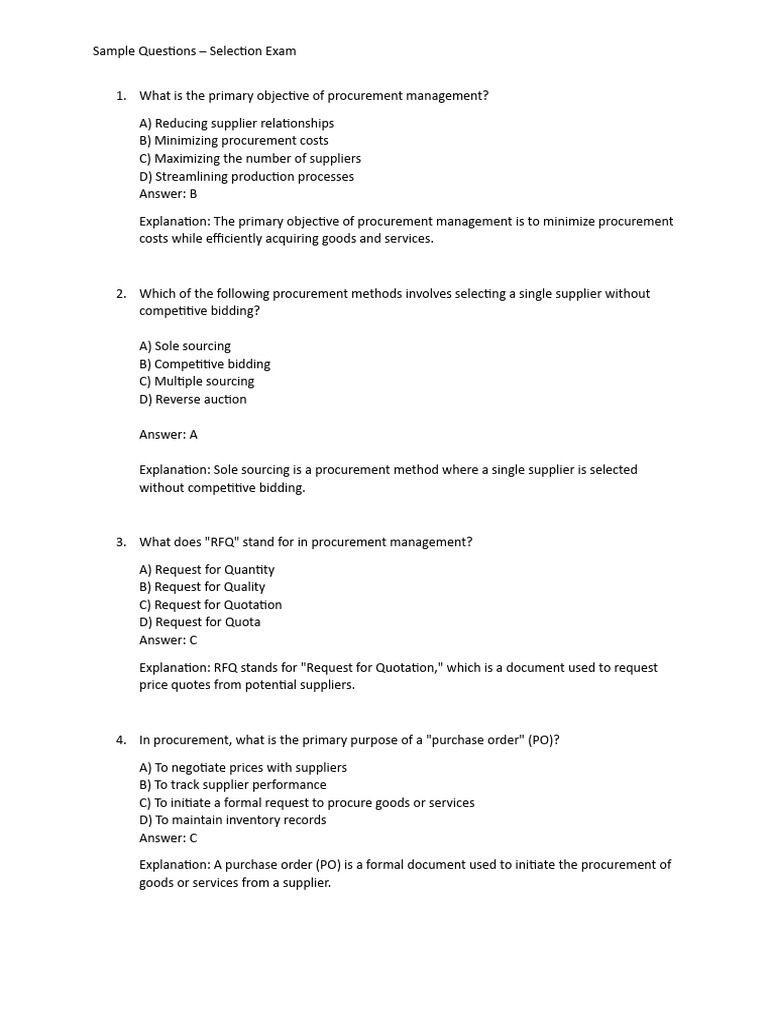 Sample Questions SCM | PDF | Procurement | Performance Indicator