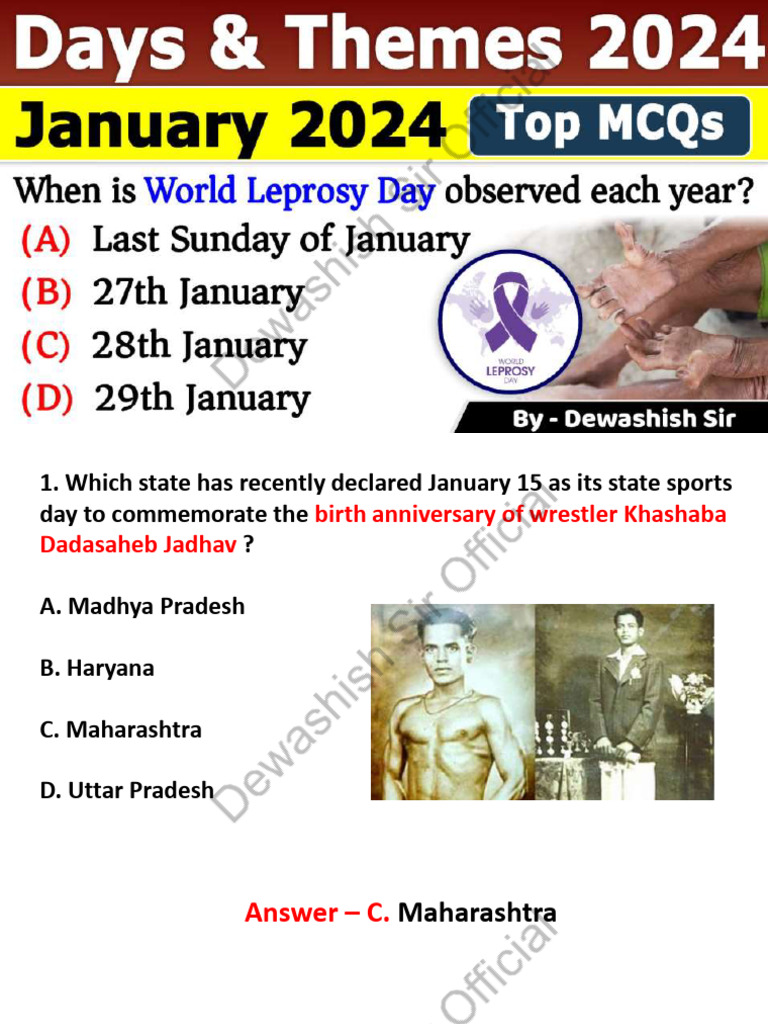 Days and Themes 2024 MCQs Jan 2024 | PDF | Government Of India