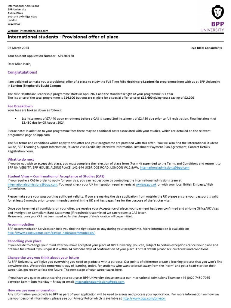 Provisional Offer for MSc Healthcare Leadership | PDF | Travel Visa ...