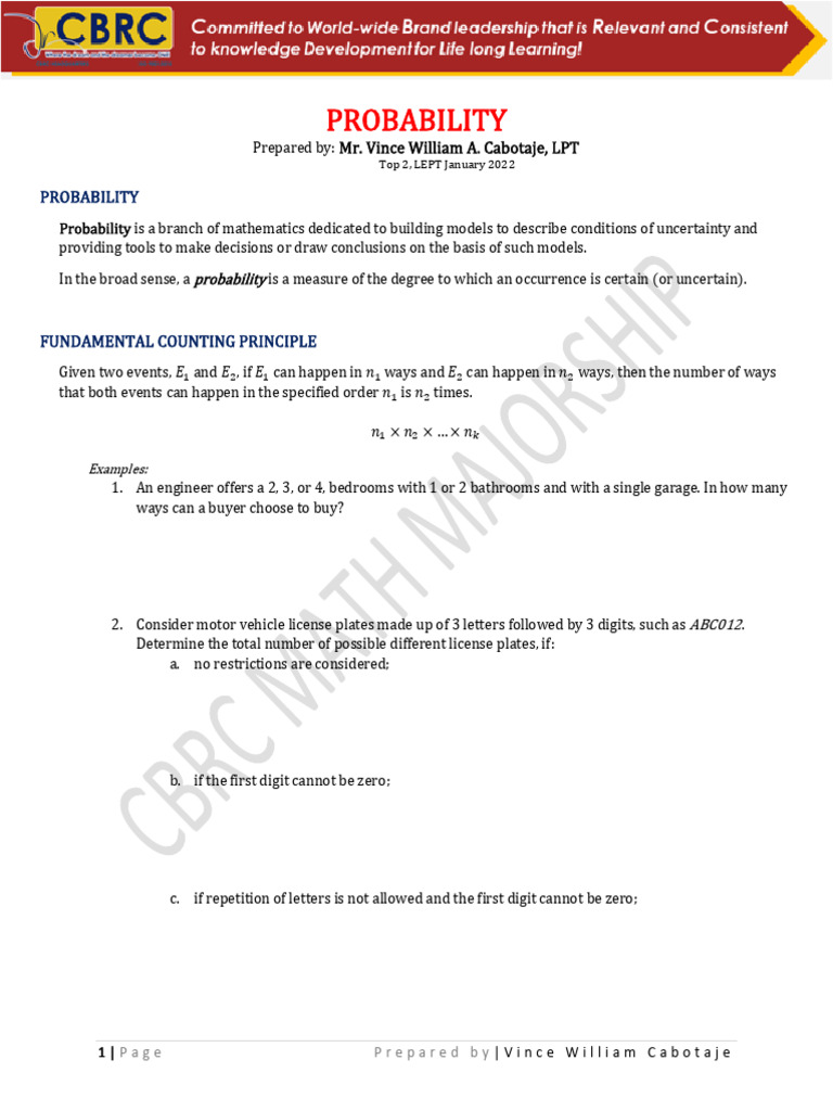 Probability Handout Pdf Probability Permutation
