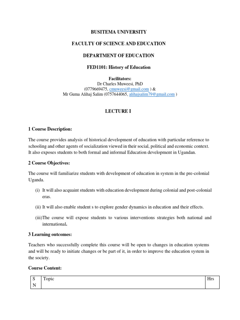 His of Educ Lec 1 | PDF | Uganda | Curriculum