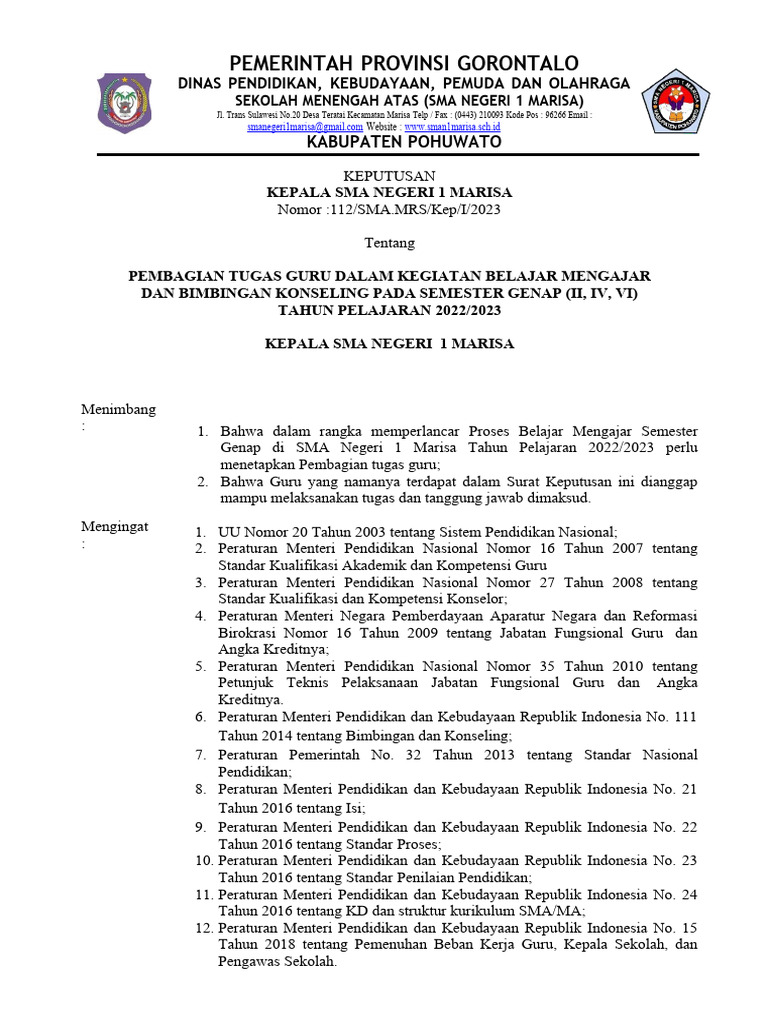 SK Pembagian Tugas Mengajar Guru Tp. 2022-2023 Semester Genap | PDF
