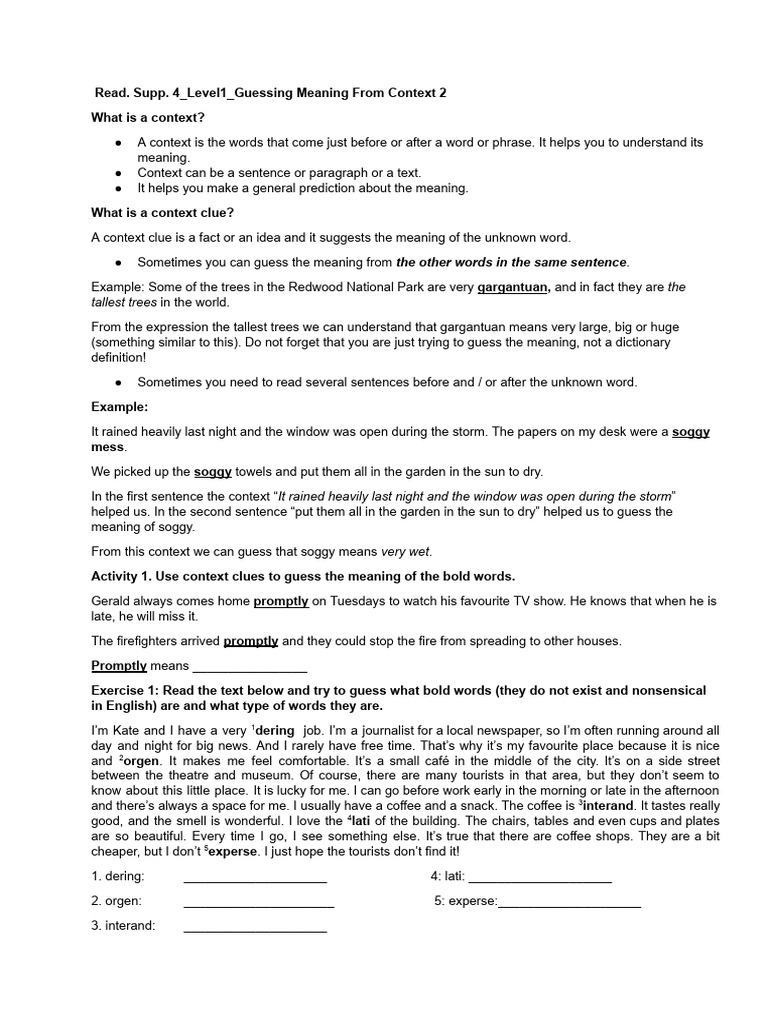 Read. Supp. 4 - Level1 - Guessing Meaning From Context 2 | PDF ...