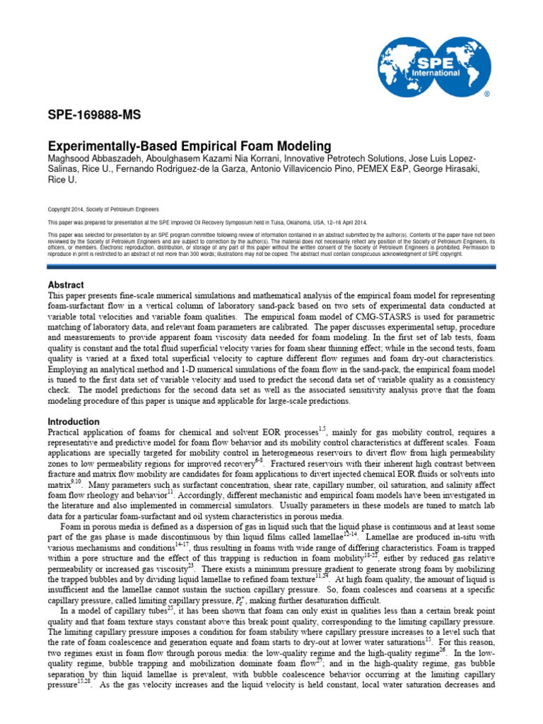 SPE-169888-MS Experimentally Based Empirical Foam Modeling+++ | PDF | Foam | Viscosity