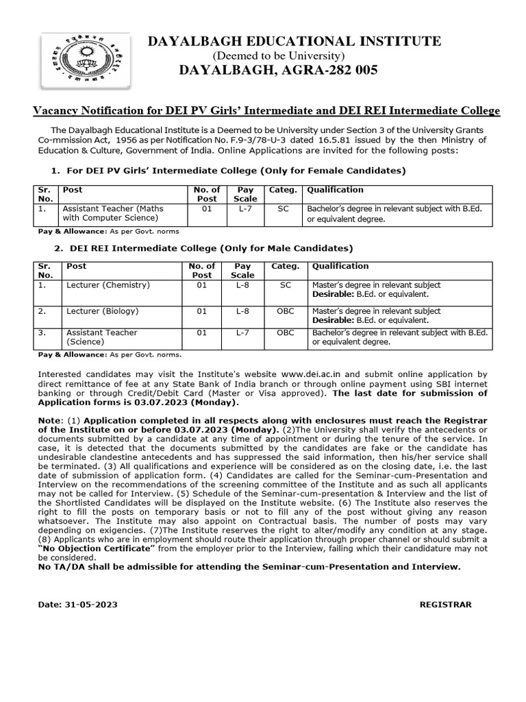 DEI Recruitment Notification 2023-24 | PDF | Academic Degree