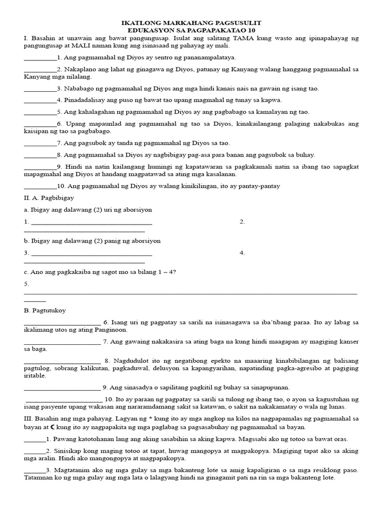 IKATLONG MARKAHANG PAGSUSULIT EsP 10 | PDF