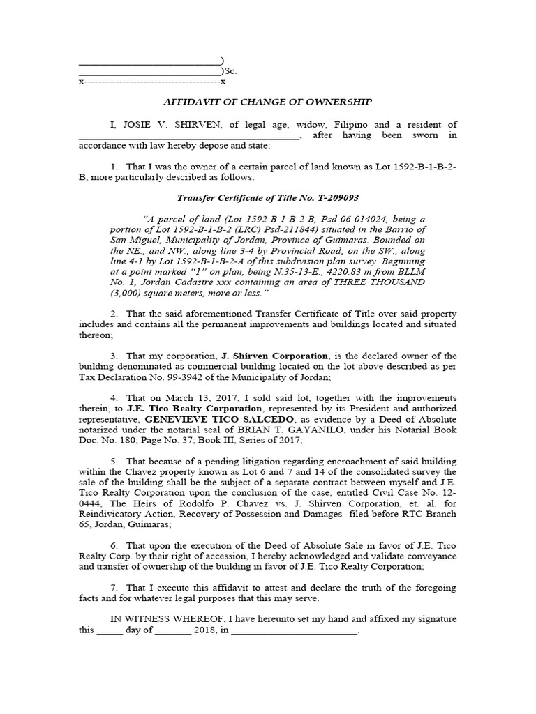 Affidavit of Land Ownership Transfer | PDF | Affidavit | Real Property