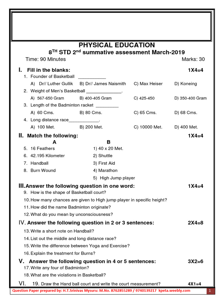 8th Std Physical Education Q&A March 2019 | PDF