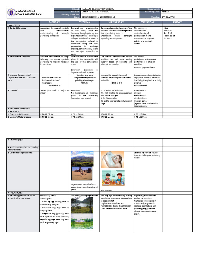 DLL Mapeh 5 Q2 W6 | PDF | Learning | Cognition