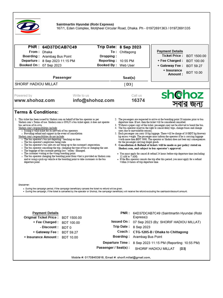 TICKET2023 DHK To CTG | PDF | Bus | Fee