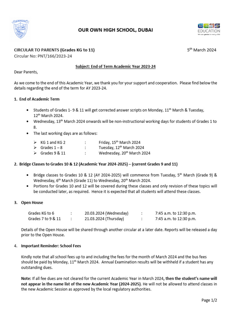Circular - End of Term and AY 2023-24 | PDF