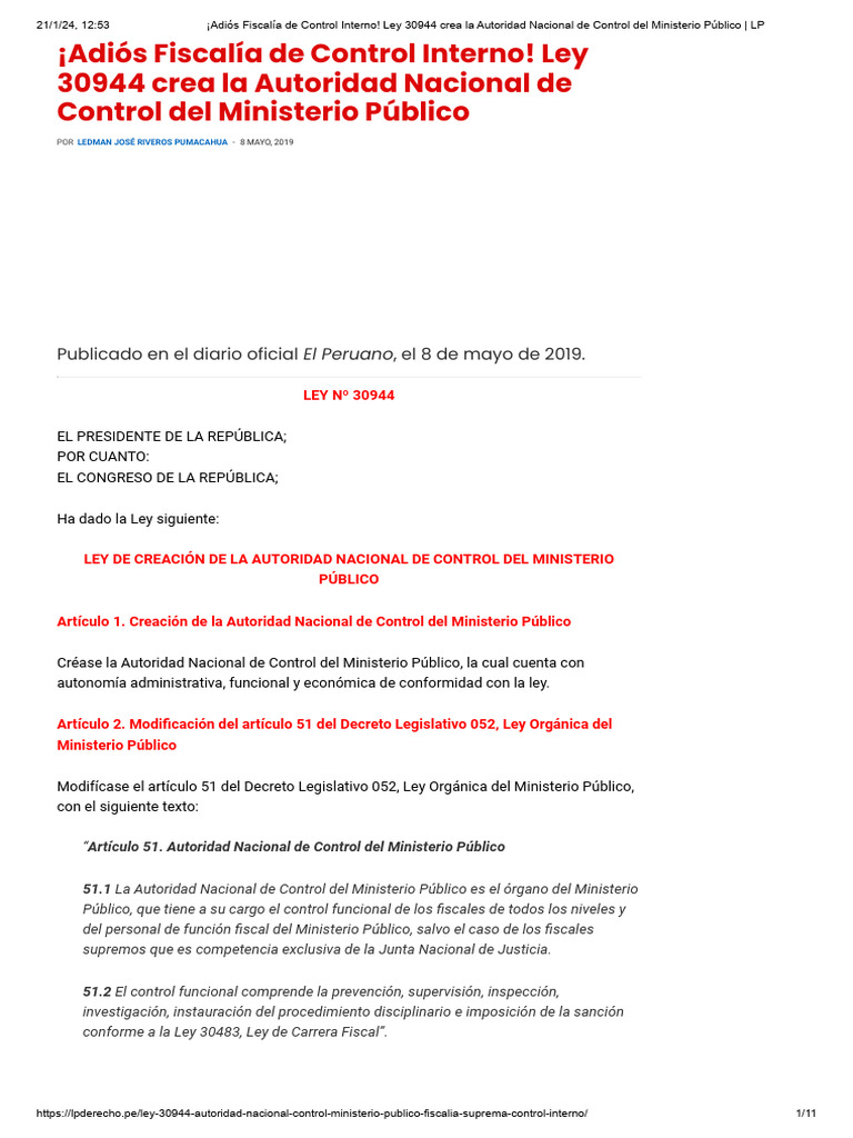 ¡Adiós Fiscalía de Control Interno! Ley 30944 Crea La Autoridad Nacional de Control Del ...