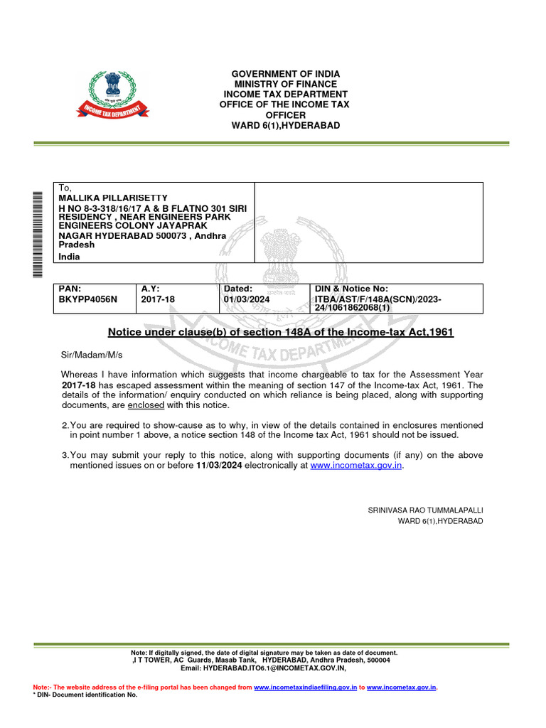 Notice Under Clause (B) of Section 148A of The Income-Tax Act, 1961 ...