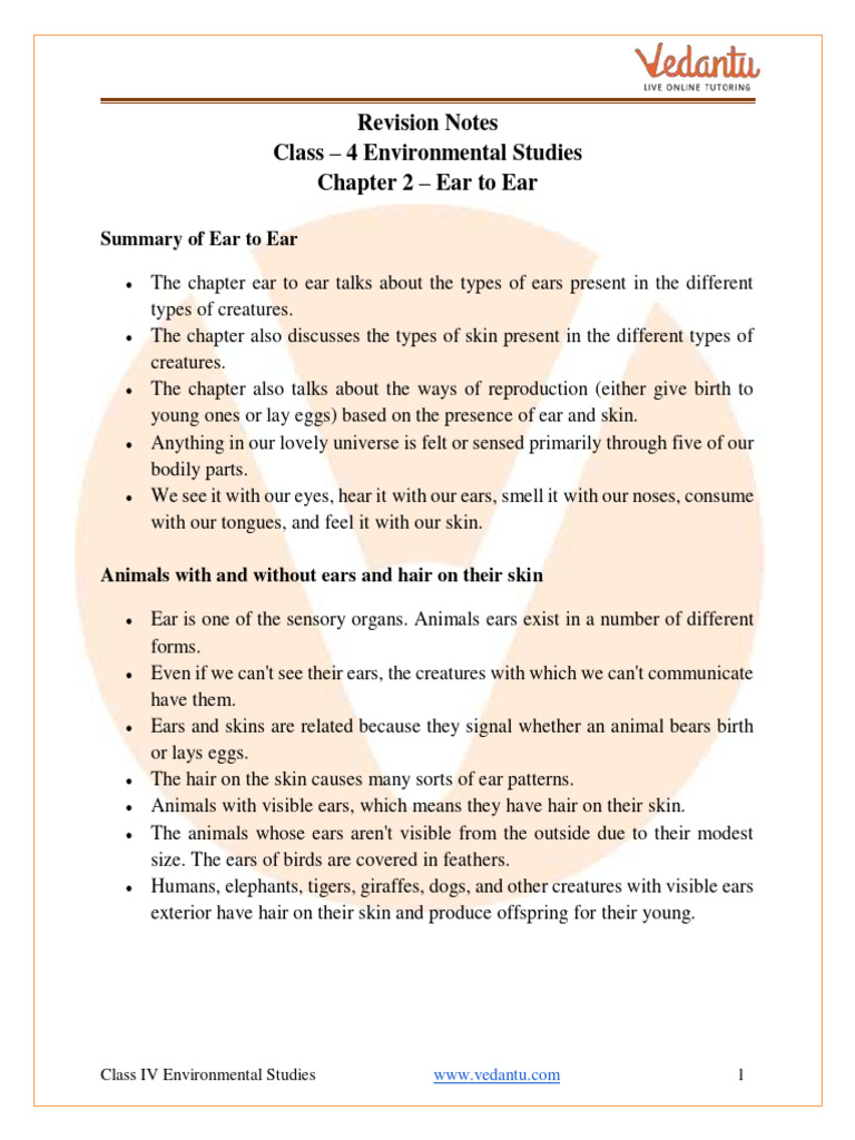 Ear To Ear Class 4 Notes CBSE EVS Chapter 2 (PDF) | PDF | Ear | Skin