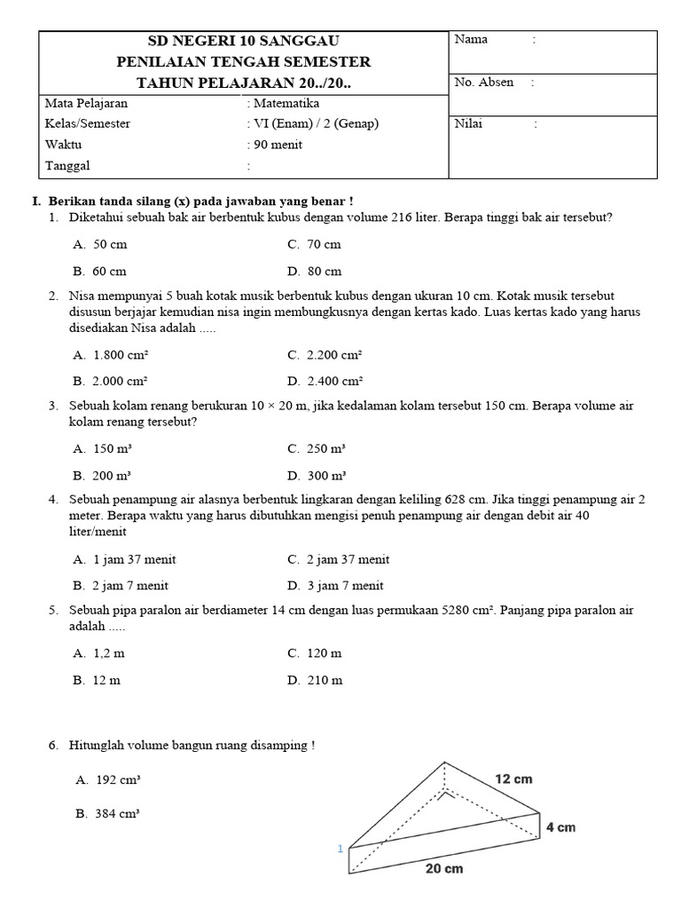 Soal PTS Matematika 6 Semester 2 | PDF | Metode & Bahan Ajar | Seni