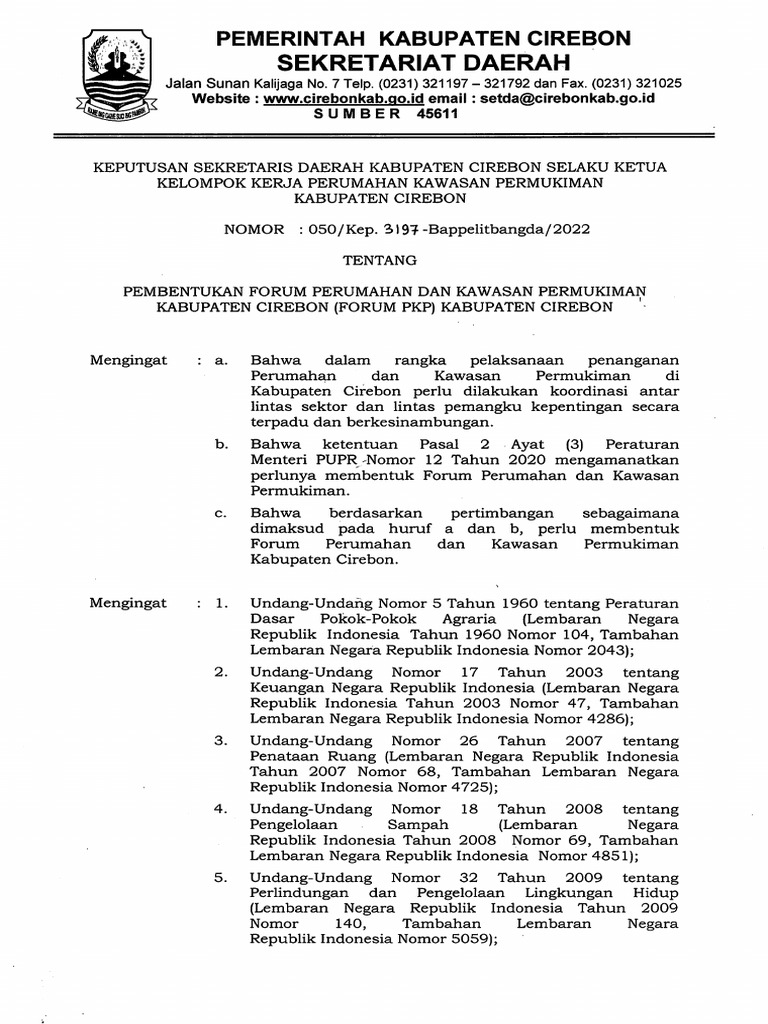 Sk Forum Pkp Kabupaten Cirebon 2022 | PDF