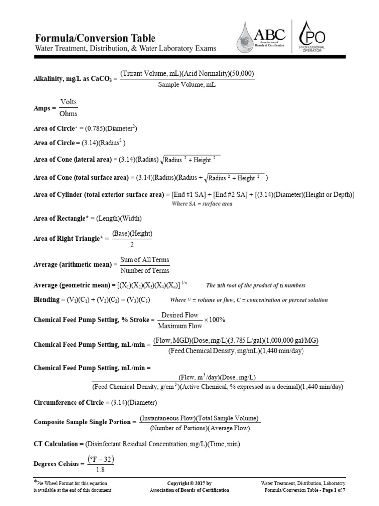 ABC-2017 Canada-US Formula Sheet-Water Treat-Dist-Lab | PDF | Area ...