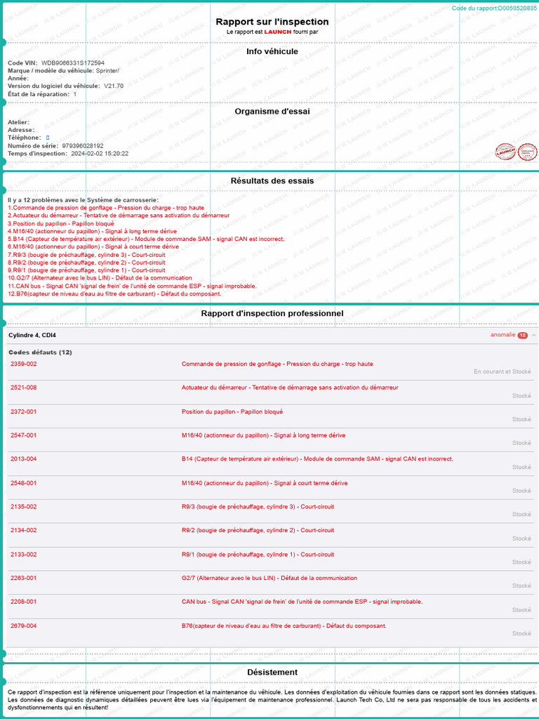 Rapport d'inspection Sprinter 2024 | PDF
