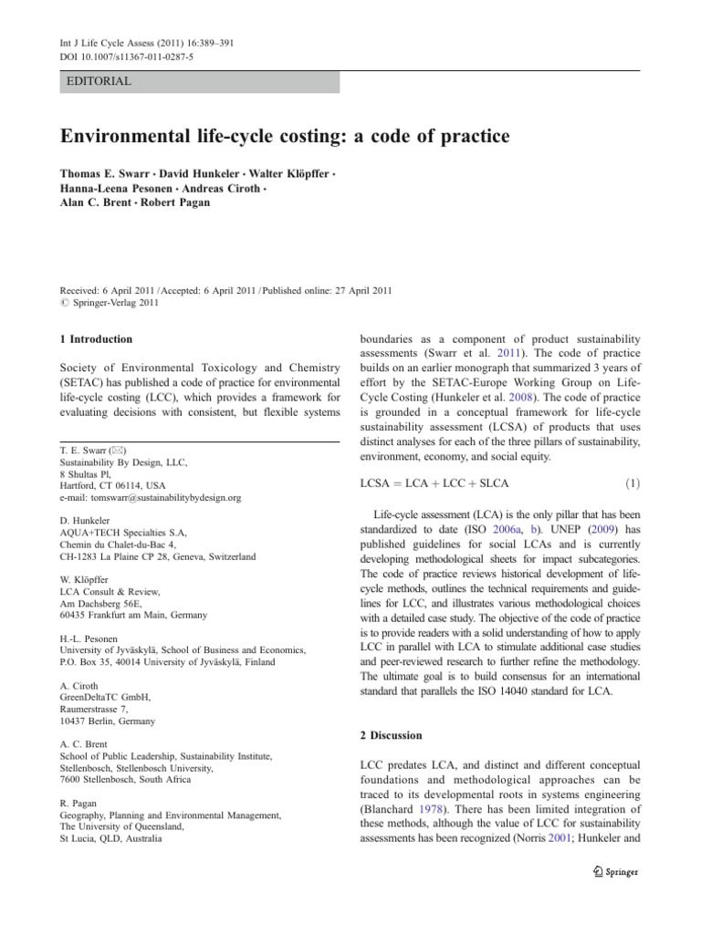 Environmental Life-Cycle Costing: A Code of Practice: Editorial | PDF ...