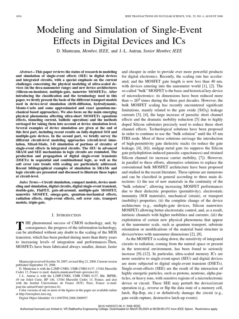 Modeling And Simulation Of Single Event Effects In Digital Devices And Ics Pdf Mosfet Electron