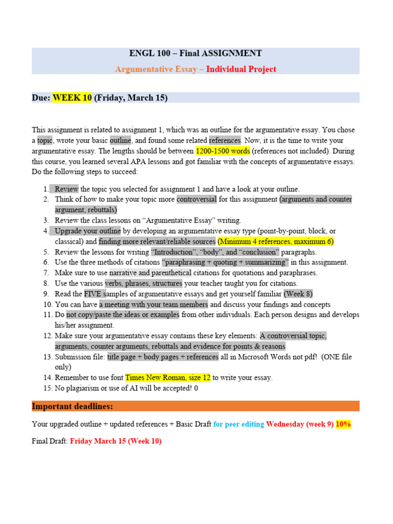 ENGL100 Final Assignment Argumentative Essay Instructions Rubric | PDF | Essays | Apa Style