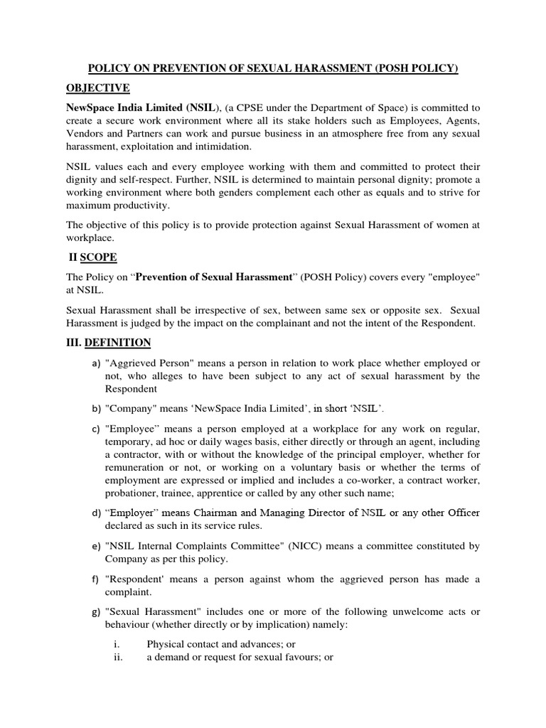 Nsil Prevention Of Sexual Harassment Policy Pdf Sexual Harassment