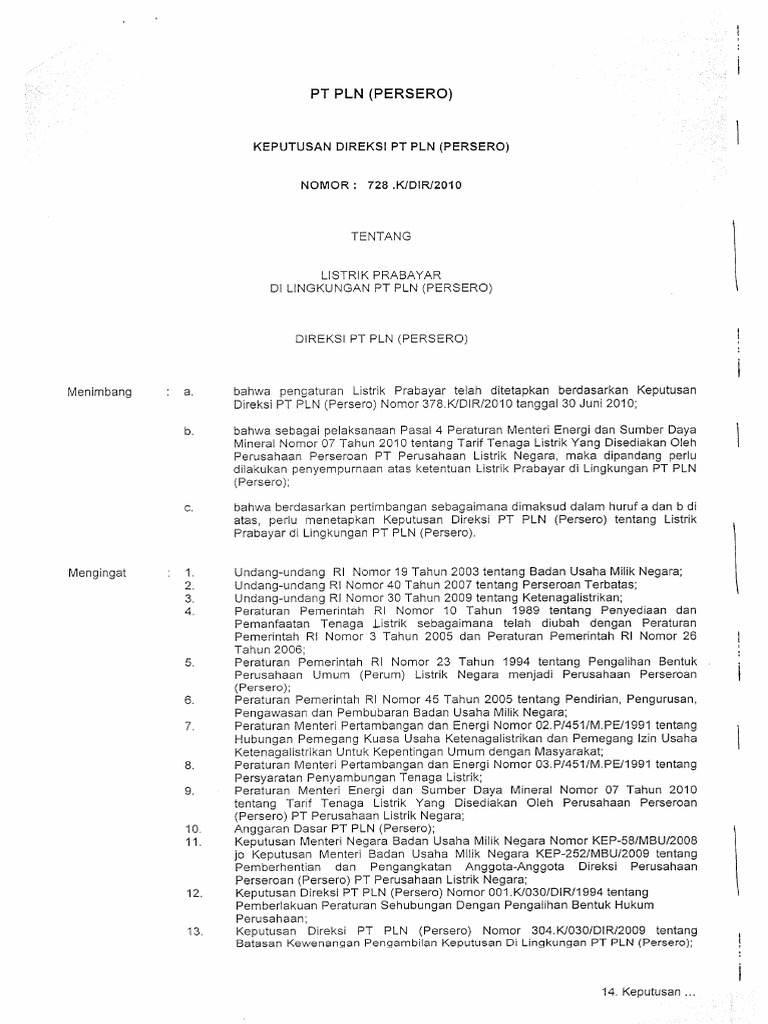SK DIR 728.2010 - Listrik Prabayar Di Lingkungan PLN | PDF