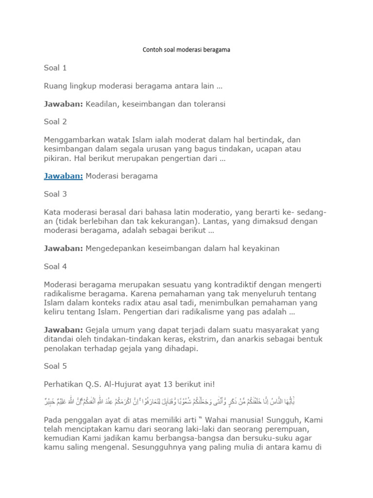 Contoh Soal Moderasi Beragama (Di Google) | PDF