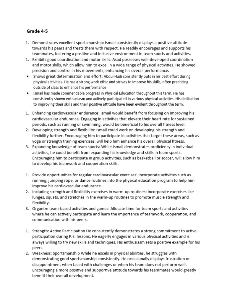 Grade 4-5 Comments | PDF | Physical Fitness | Sports