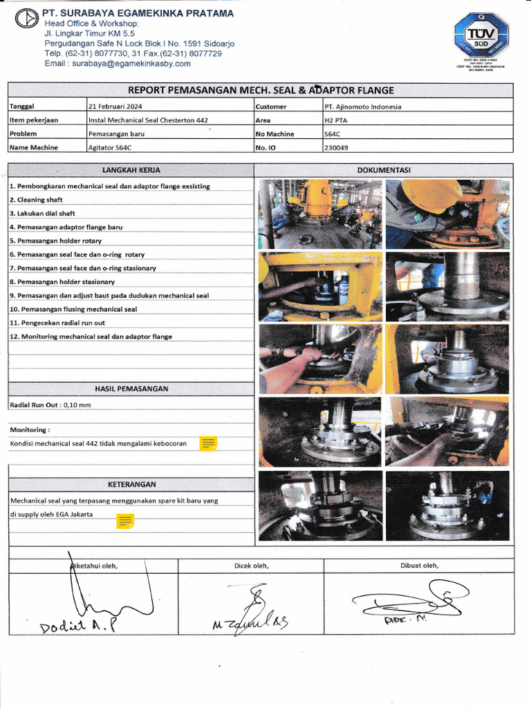 Laporan Pemasangan Mechanical Seal 2024 | PDF
