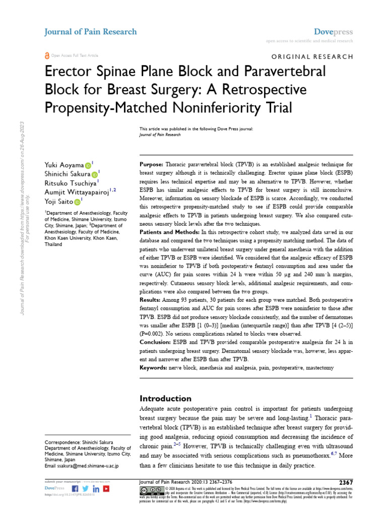 JPR 265015 Erector Spinae Plane Block and Paravertebral Block For Breas ...