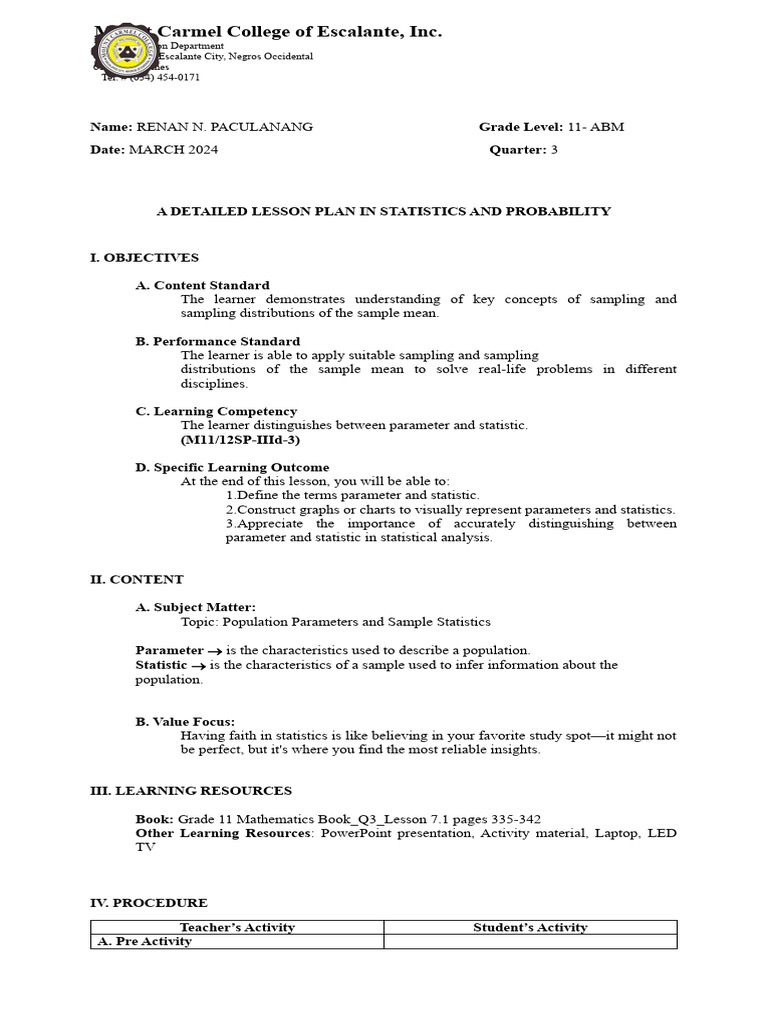 Parameter and Statistic DLP | PDF | Statistics | Sampling (Statistics)