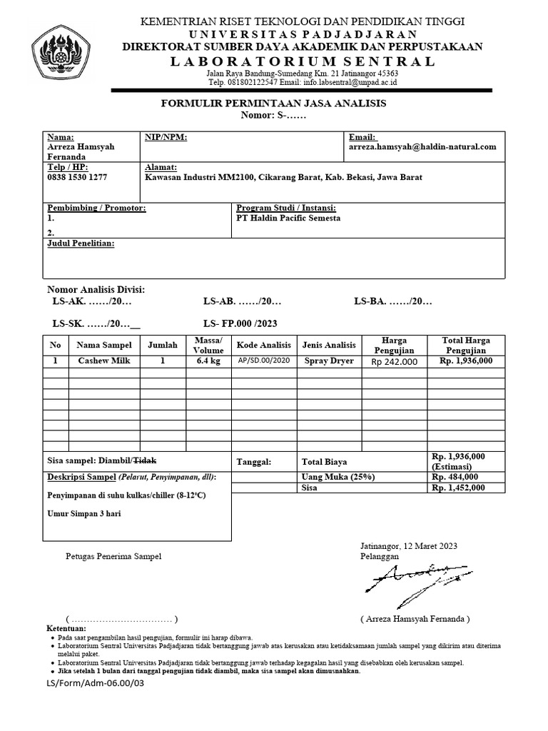 LS - Form.Adm-06.00.03 Form Permintaan Pengujian Sampel - ARREZA - PT HALDIN | PDF