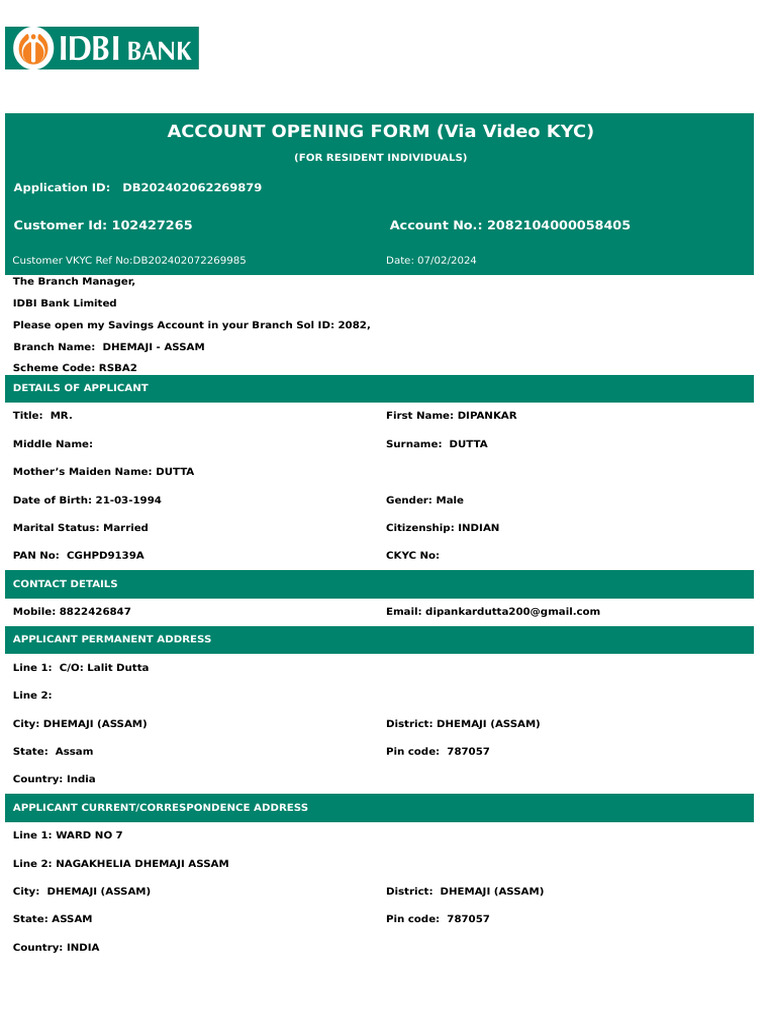 Account Opening Form (Via Video Kyc) : Customer Id: 102427265 Account ...