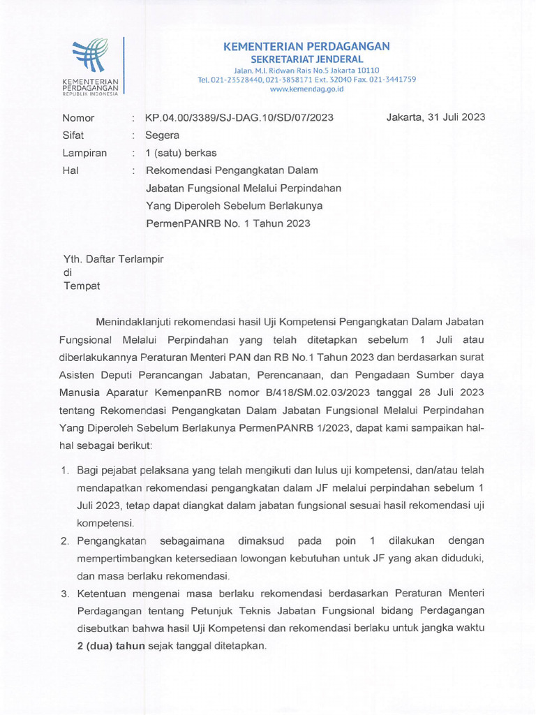 3389 Rekomendasi Pengangkatan JF Pinjab Sebelum Permenpan 1 2023 | PDF