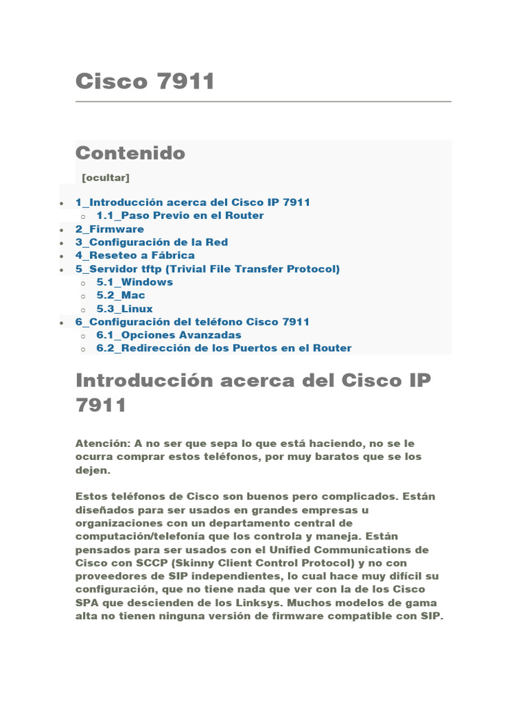 Configuración del Cisco 7911 IP | PDF | Dirección IP | Protocolo de ...