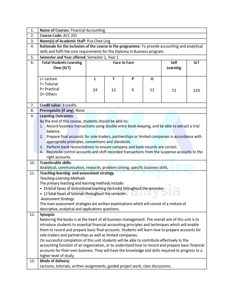 ACC 201 Financial Accounting | PDF | Accounting | Bookkeeping