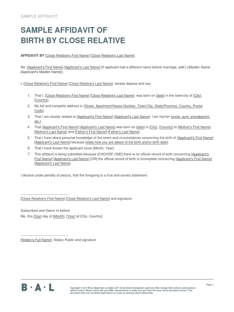 Sample Affidavit of Birth Close Relative | PDF | Affidavit | Justice