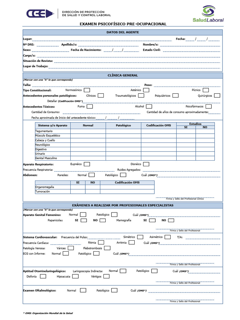 Formulario Examen Psicofisico Pre Ocupacional | PDF | Medicina | Enfermedades y trastornos