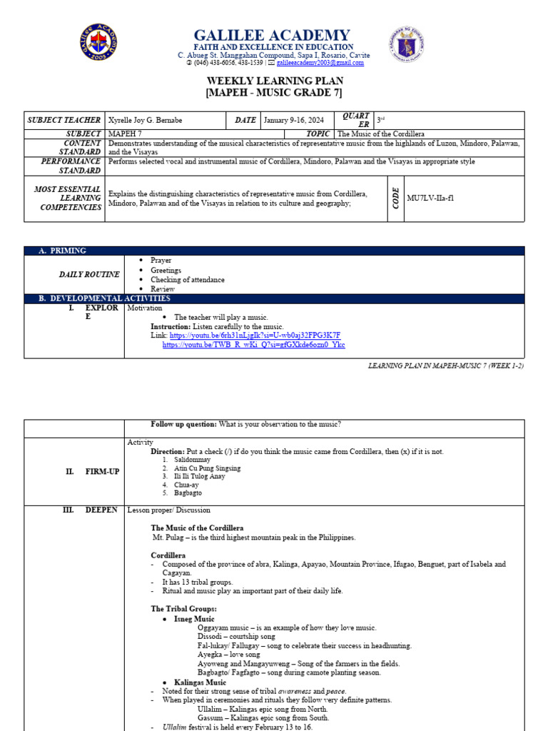MAPEH Grade 7 Weekly Learning Plan | PDF | Rituals