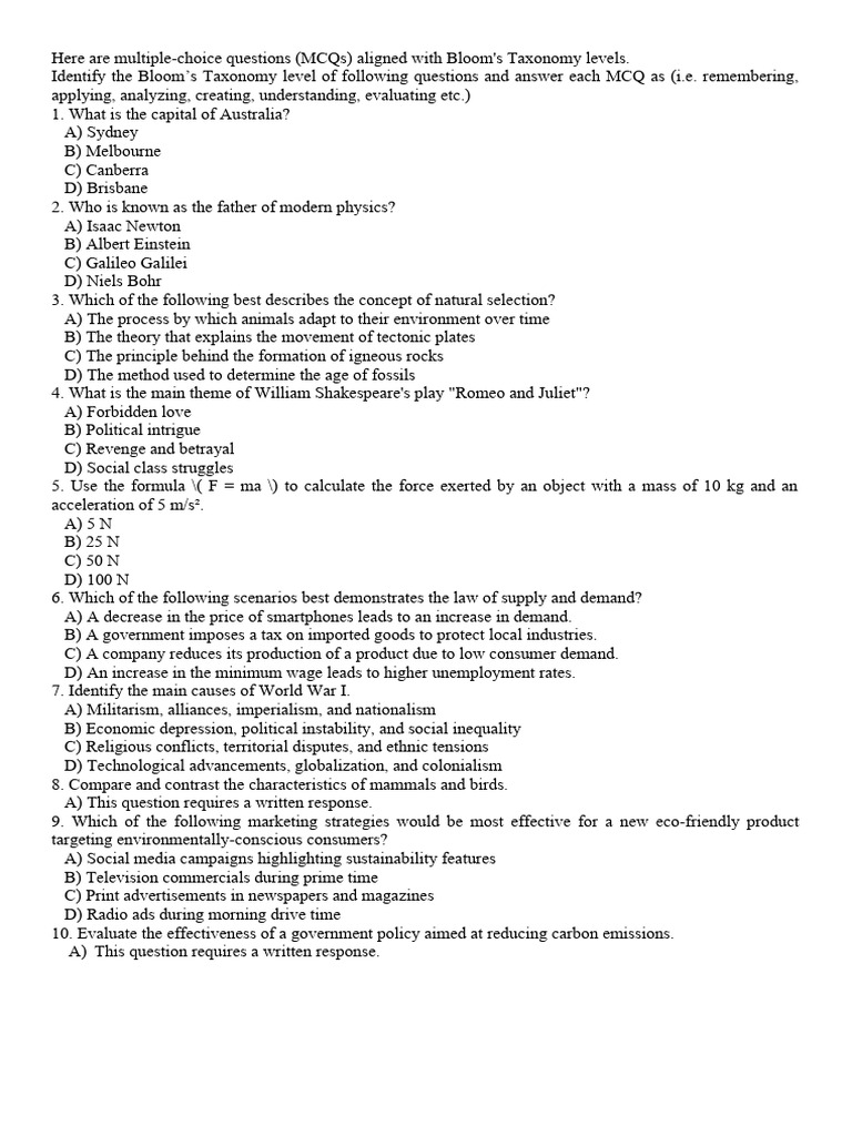 Bloom's Taxonomy Practice MCQs | PDF