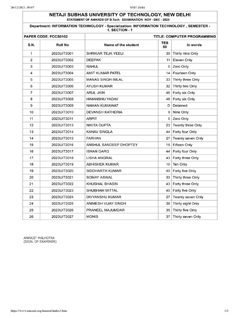 Award Sheet IT1 End Sem 2023 | PDF